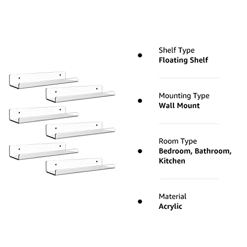 Dezzer Acrylic Floating Shelves, 6 Pack 15" Invisible Shelf Wall Ledge Bookshelf Bedroom Bathroom Kitchen Shelves Book Toys Funko Pop Figures Display Shelves, Clear