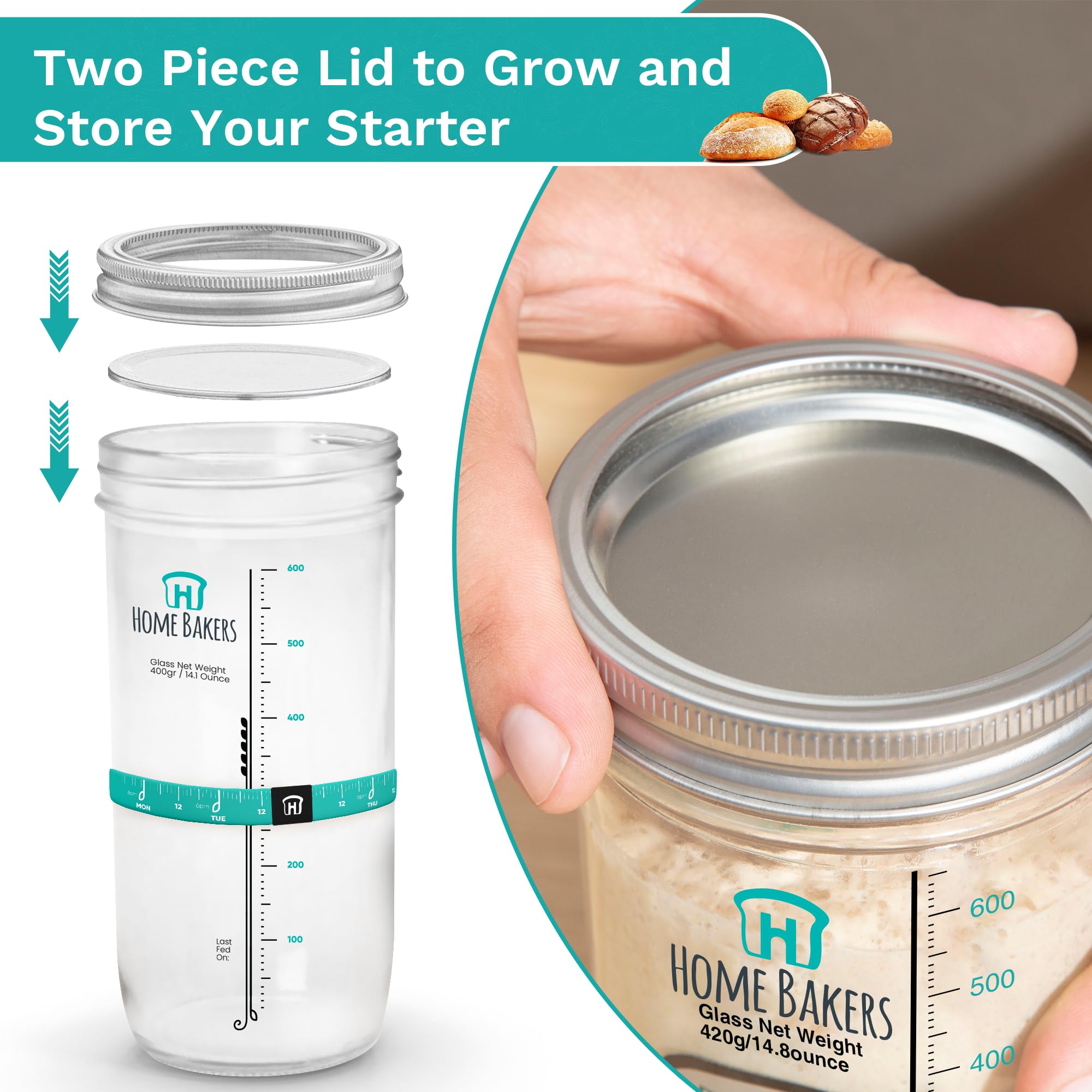 Ameeze Premium Sourdough Starter Jar Kit - 24oz Wide Mouth Glass Jar with Feeding Tracker, Thermometer, Silicone Scraper, and Airtight Lid - Complete Kit for Easy Artisan Bread Baking