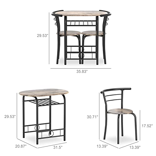 JUMMICO 3 Pieces Dining Set for 2 Small Kitchen Breakfast Table Set Space Saving Wooden Chairs and Table Set for Apartment Dining Room with Metal Frame and Wine Rack,Walnut
