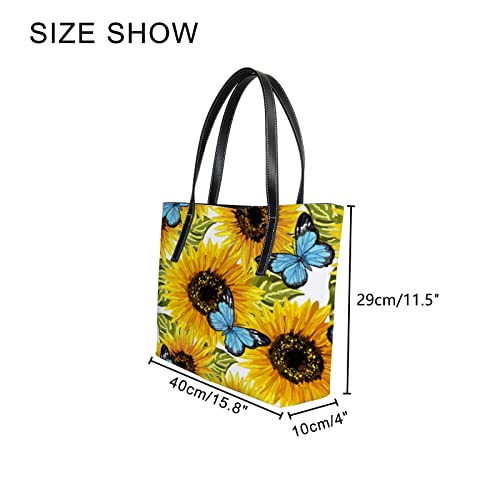 Shoulder Bag Tote Bags for Women Sunflowers Blue Butterflies Leather Shopper Work Handbags Large Casual Bag
