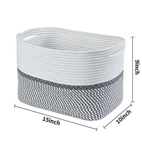 RITHLELA Woven Baskets 15"x10"x9" Cotton Rope Cube Storage Baskets Set of 3 Decorative Baskets Closet Cloth Storage Baskets and Bins for Shelves with Handles for Blanket, Laundry, Clothes - Grey