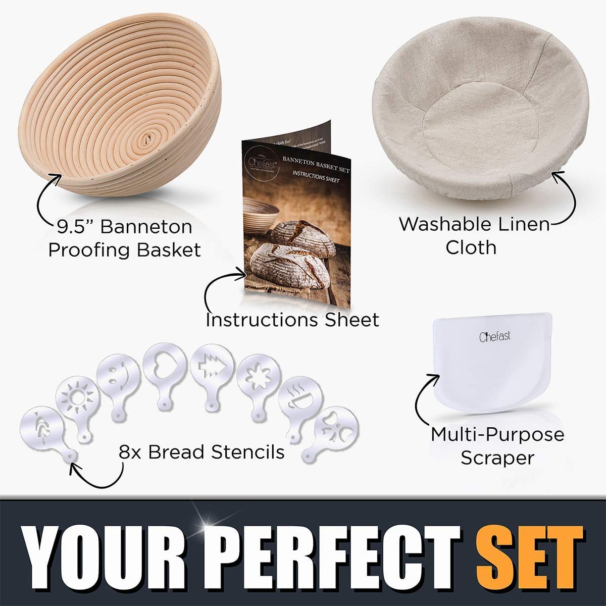 Sourdough Starter Kit - 8.5" Proofing Baskets for Sourdough Bread Baking Supplies 14 Bread Stencils for Sourdough Scraper Proofing Cloth for Bread Baking Gifts Proofing Basket Bread Making Kit
