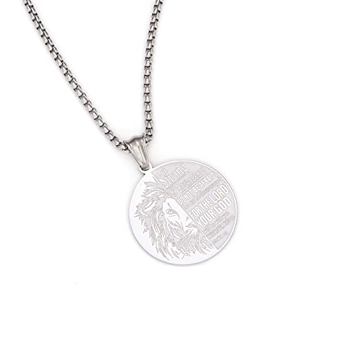 UTHOSMDO Be Strong Lion Bible Cover - Joshua 1:9, Engraved English Bible Lords Stainless Steel Necklace (Silver)