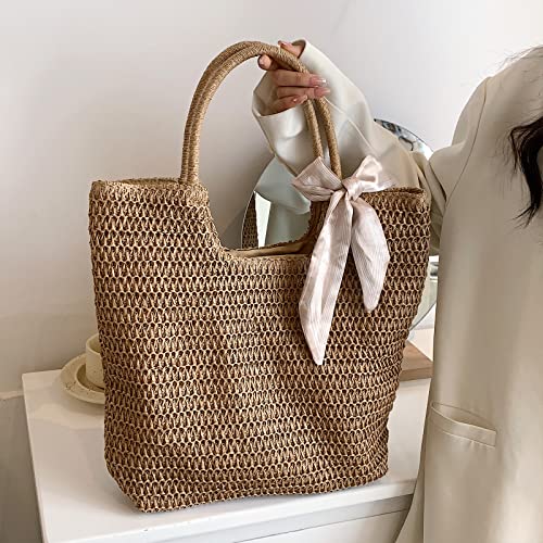QTKJ Summer Beach bag, Handwoven Straw Bag, Soft Large Beach Tote Boho Beach Shoulder Hand Bag, Woven Bag for Women Vacation Travel, Daily(Khaki)