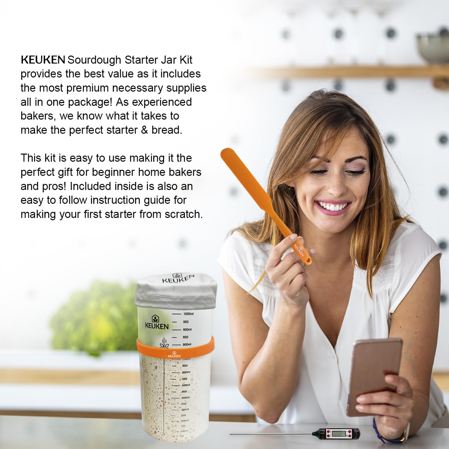 KEUKEN 42 oz Glass Sourdough Starter Jar Kit - Sourdough Bread Baking Supplies - Sourdough Starter Kit - Silicone Spatula Electric Thermometer Danish Dough Whisk - Sourdough Kit
