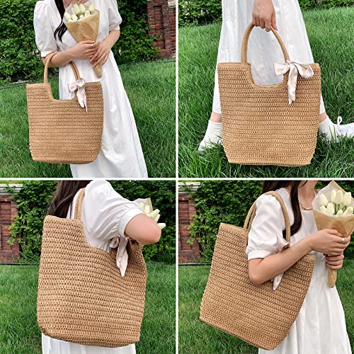QTKJ Summer Beach bag, Handwoven Straw Bag, Soft Large Beach Tote Boho Beach Shoulder Hand Bag, Woven Bag for Women Vacation Travel, Daily(Khaki)