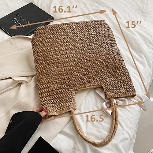 QTKJ Summer Beach bag, Handwoven Straw Bag, Soft Large Beach Tote Boho Beach Shoulder Hand Bag, Woven Bag for Women Vacation Travel, Daily(Khaki)