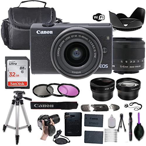 Canon EOS M200 Mirrorless Digital Camera (Black) w/EF-M 15-45mm f/3.5-6.3 is STM + Wide-Angle and Telephoto Lenses + Portable Tripod + Memory Card + Deluxe Accessory Bundle
