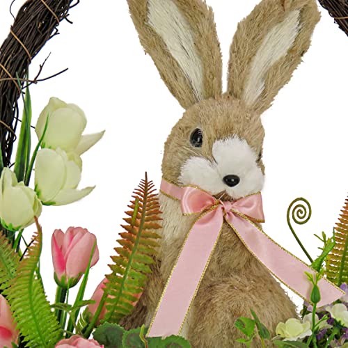 National Tree Company Woven Basket with Bunny Table Decoration, Woven Branch Base, Decorated with Fern Fronds, Tulips, Easter Collection, 17 Inches