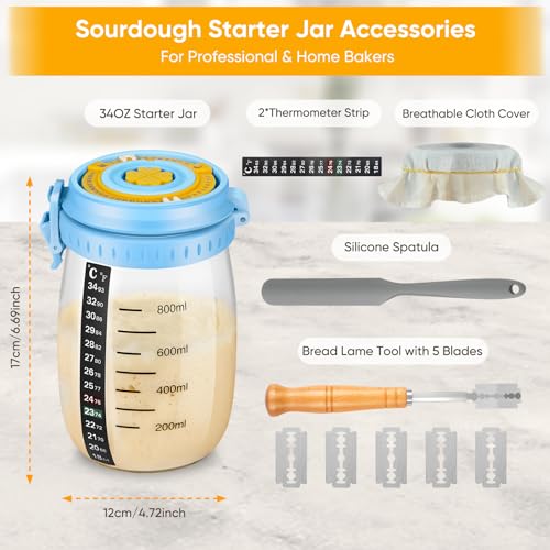 Sourdough Starter Kit, JAOBHAHY 35 OZ Sourdough Starter Jar with Lids, Reusable Sourdough Jar with Thermometer, Silicone Scraper, Cloth Cover and Bread Lame(1-Pack)