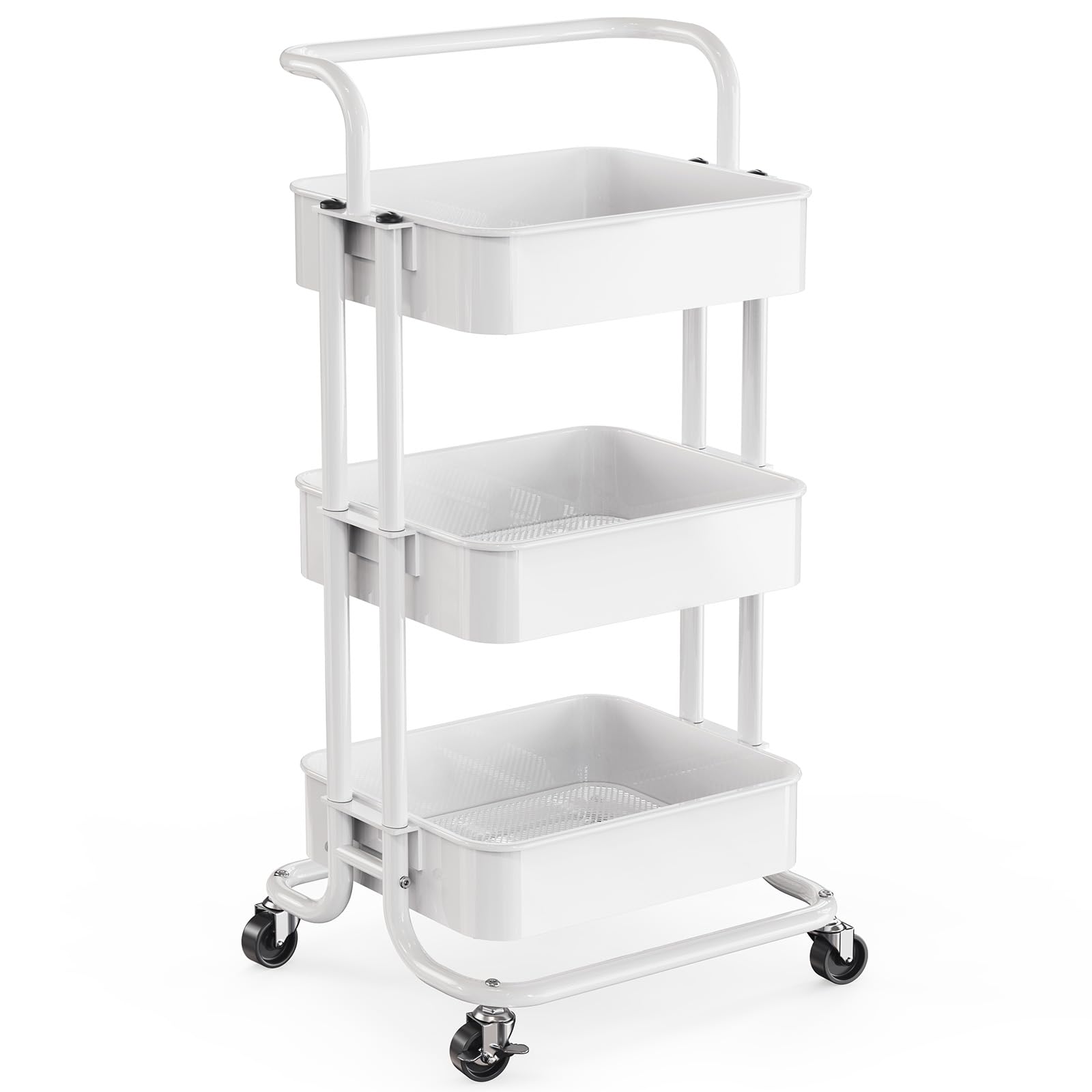 3 Tier Mesh Utility Cart, Rolling Metal Organization Cart with Handle and Lockable Wheels, Multifunctional Storage Shelves for Kitchen Living Room Office by Pipishell White