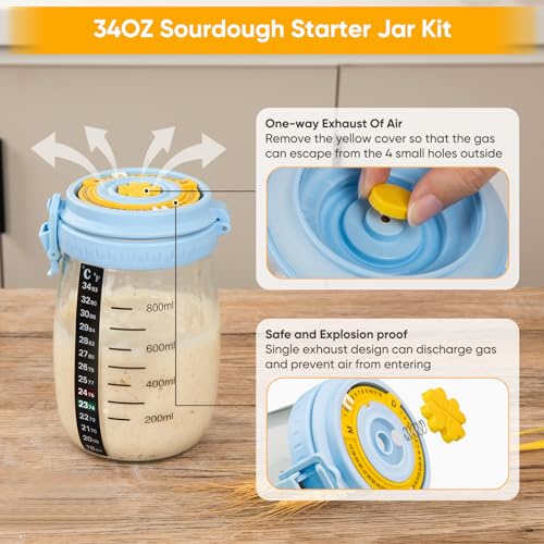 Sourdough Starter Kit, JAOBHAHY 35 OZ Sourdough Starter Jar with Lids, Reusable Sourdough Jar with Thermometer, Silicone Scraper, Cloth Cover and Bread Lame(1-Pack)