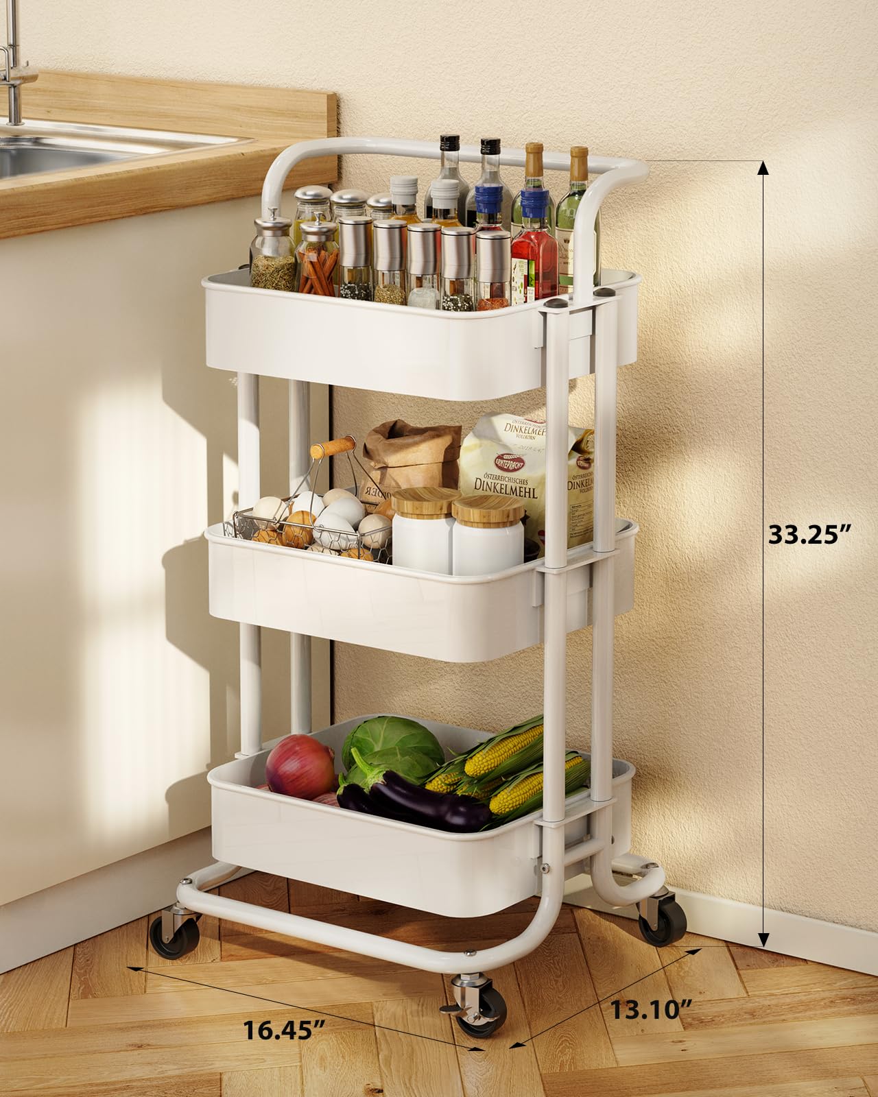 3 Tier Mesh Utility Cart, Rolling Metal Organization Cart with Handle and Lockable Wheels, Multifunctional Storage Shelves for Kitchen Living Room Office by Pipishell White