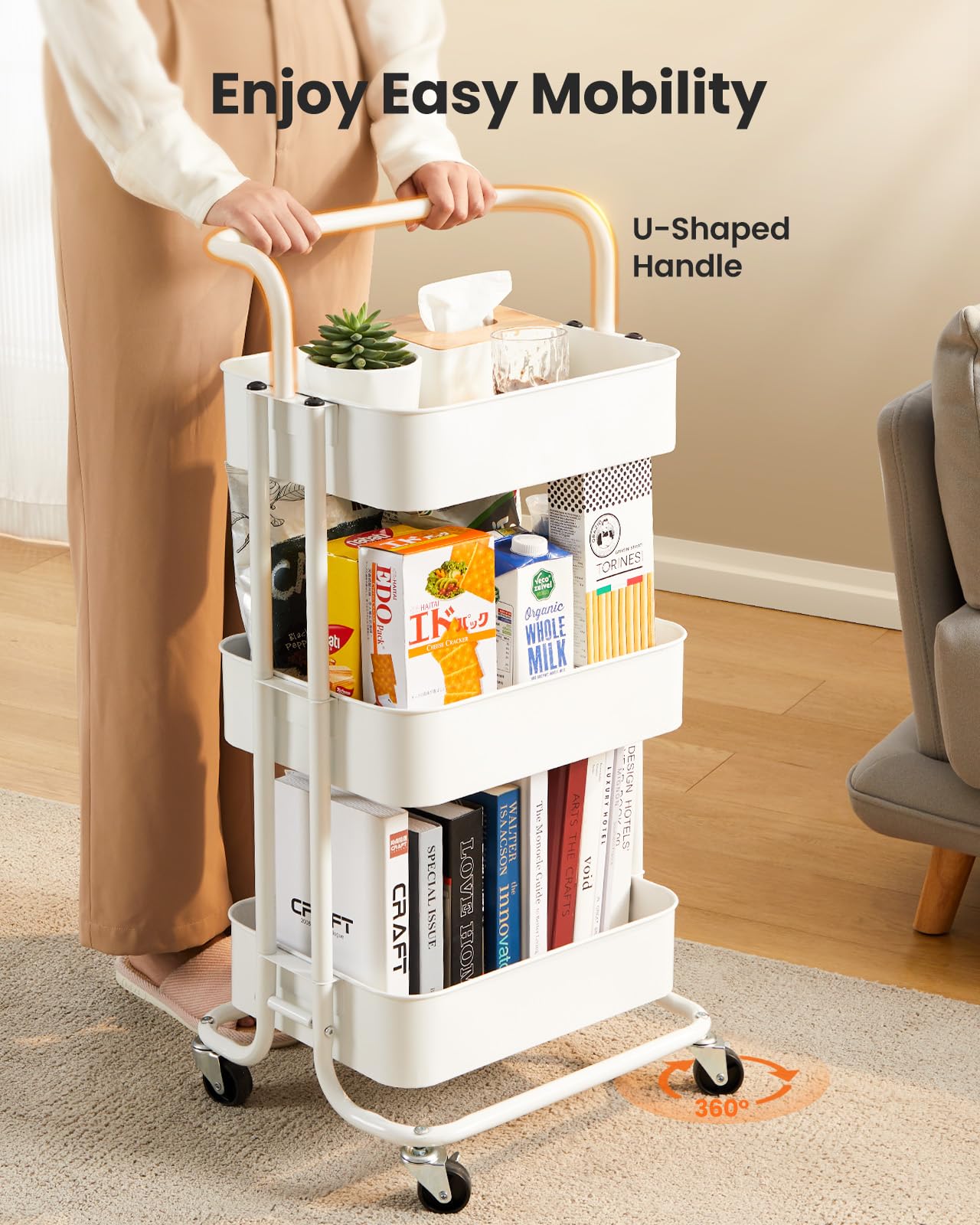 3 Tier Mesh Utility Cart, Rolling Metal Organization Cart with Handle and Lockable Wheels, Multifunctional Storage Shelves for Kitchen Living Room Office by Pipishell White