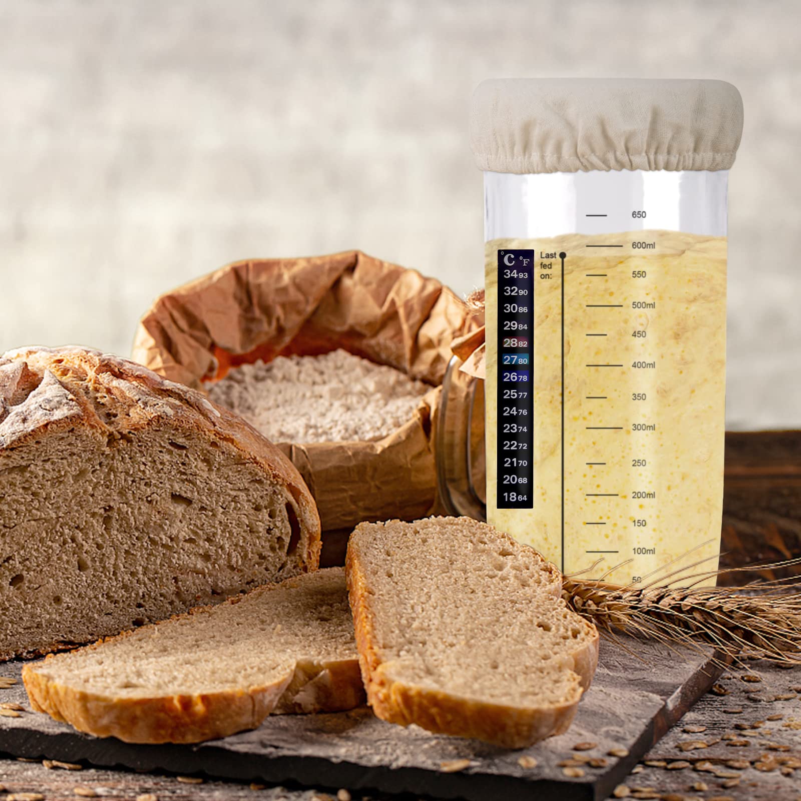 Sourdough Starter Jar Kit, 650ml Sourdough Starter Jar With Thermometer, Silicone Scraper, Cloth Cover And Aluminum Lid. Reusable Sour Dough Starter Jar