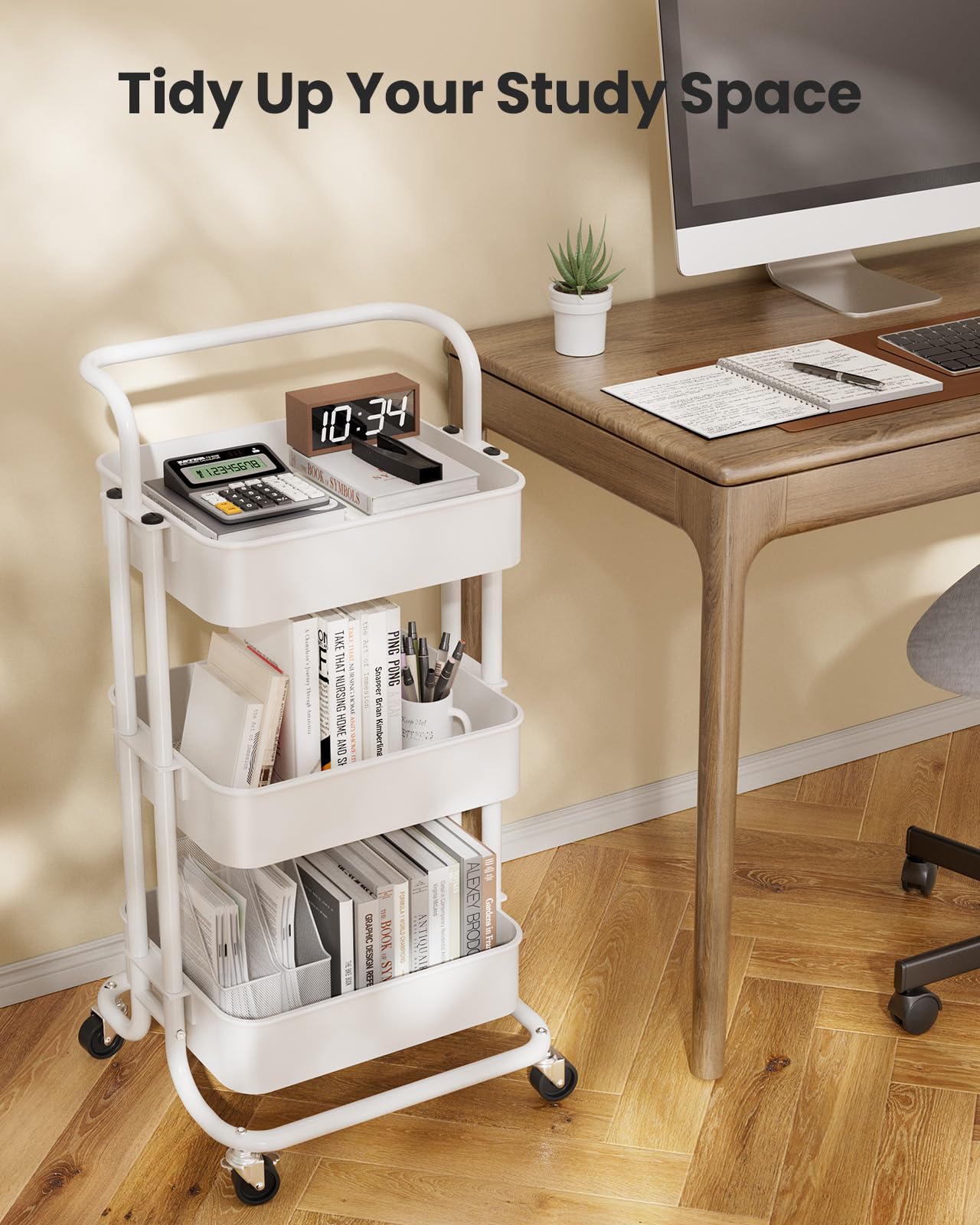 3 Tier Mesh Utility Cart, Rolling Metal Organization Cart with Handle and Lockable Wheels, Multifunctional Storage Shelves for Kitchen Living Room Office by Pipishell White