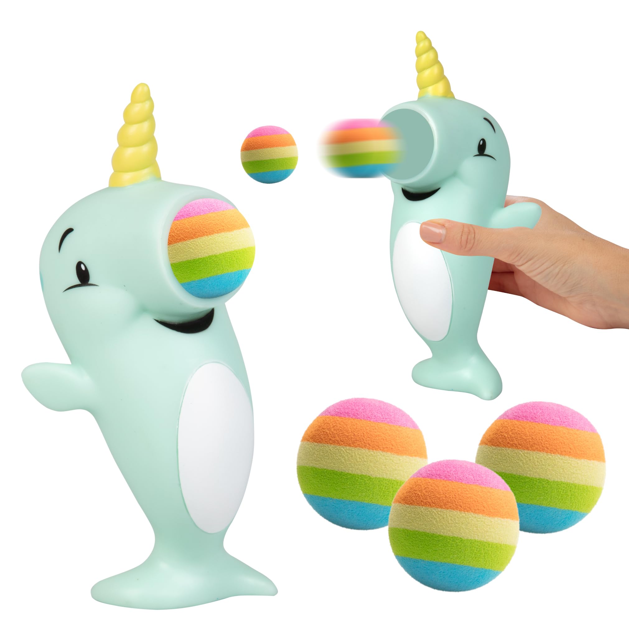 Hog Wild Narwhal Ball Popper Toy - Includes 4 Soft Foam Balls - Squeeze to Pop Air Powered Balls Up to 20 Feet - Launcher Safe for Indoor/Outdoor Play - Party Favor Gift for Kids, Girls, Boys Ages 5+