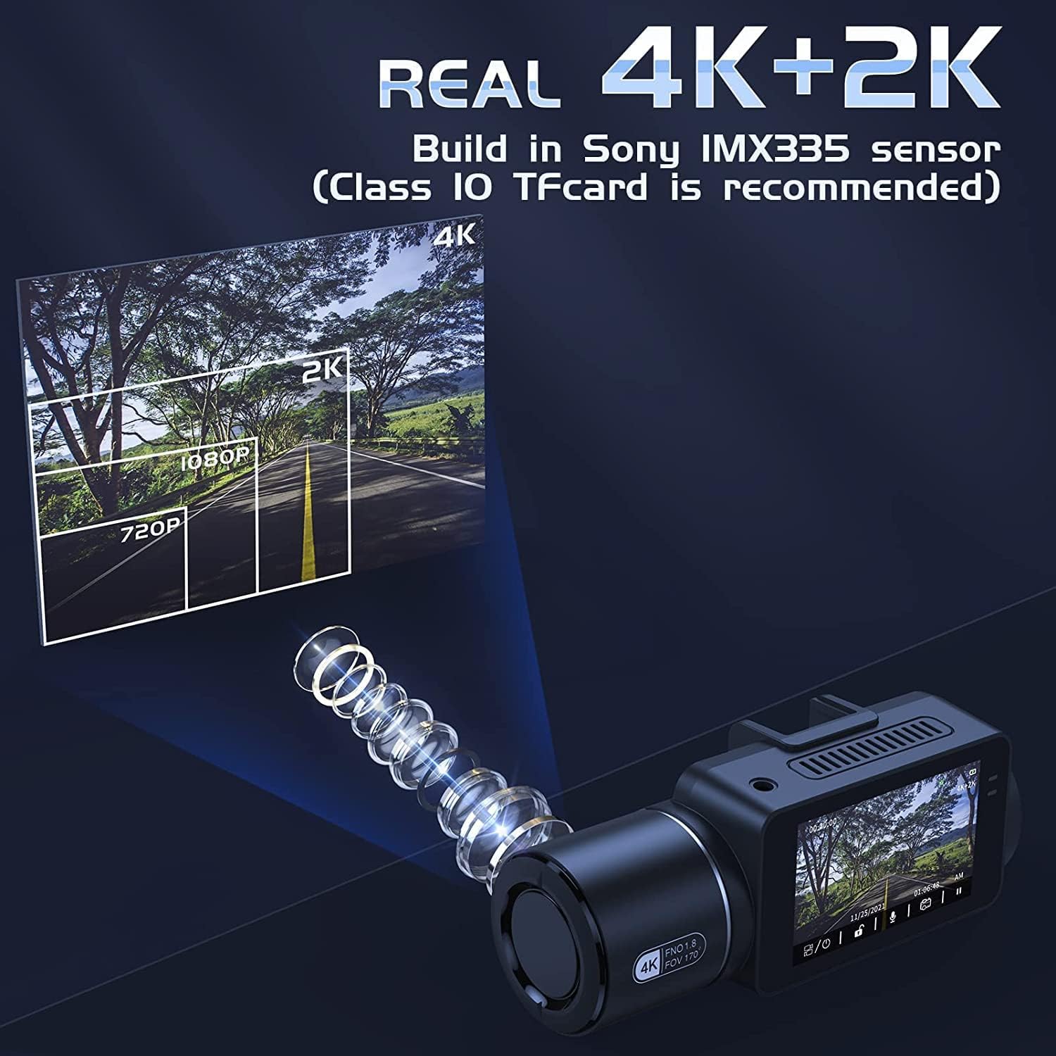 Dash Cam 4K Front and Rear 2K, Full HD Dash Camera for Cars, Free 32GB SD Card, 2.2” IPS Screen, Night Vision, 170°Wide Angle, Loop Recording, 24H Parking Mode