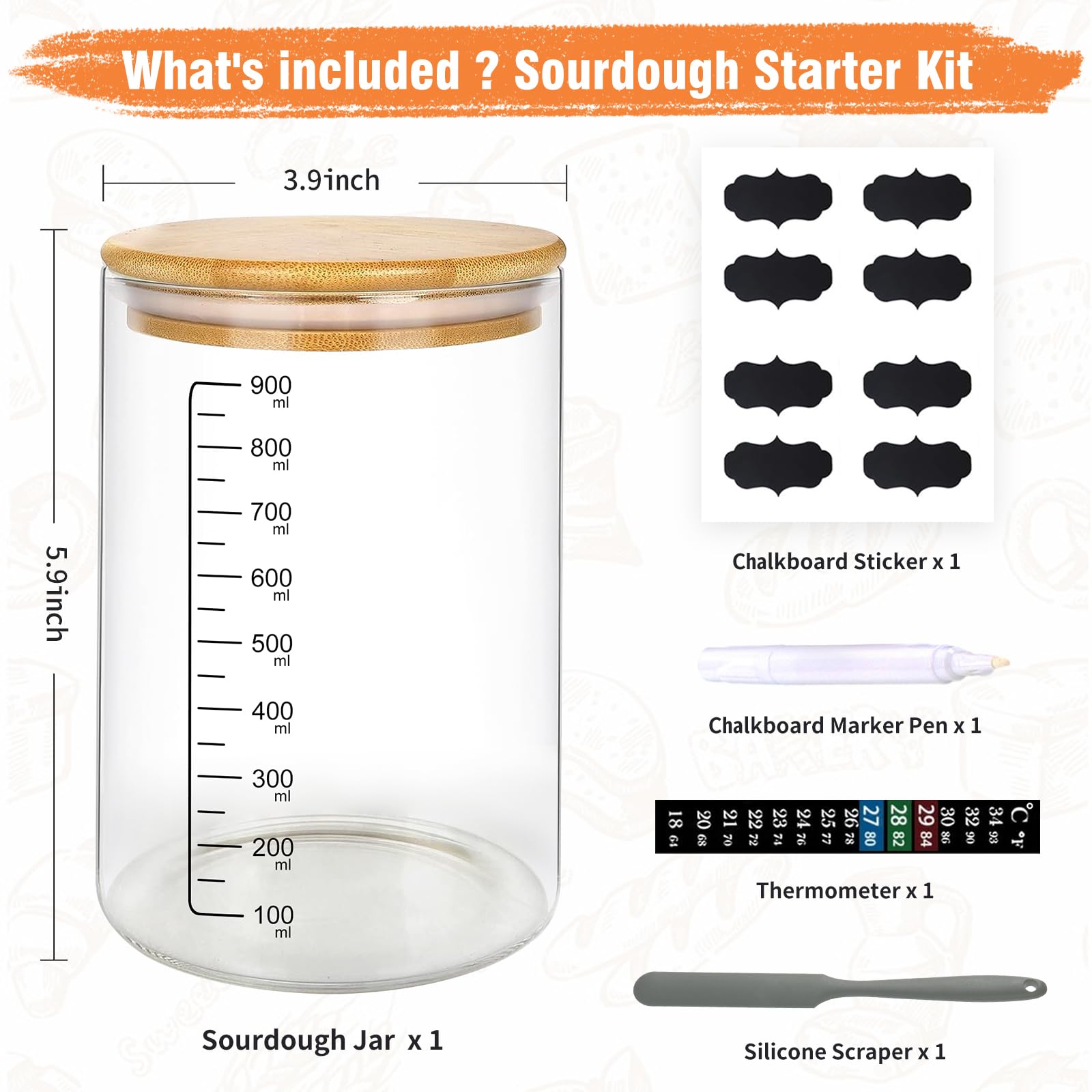 Wnxise Sourdough Starter Kit, 34OZ Reusable Sourdough Starter Jar, Home Sourdough Bread Baking Supplies with Date Marked Feeding Band, Thermometer, Silicone Scraper, Sticker, Marker Pen Bamboo Lid