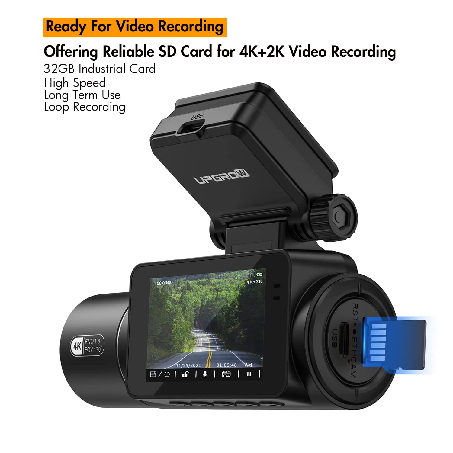 Dash Cam 4K Front and Rear 2K, Full HD Dash Camera for Cars, Free 32GB SD Card, 2.2” IPS Screen, Night Vision, 170°Wide Angle, Loop Recording, 24H Parking Mode