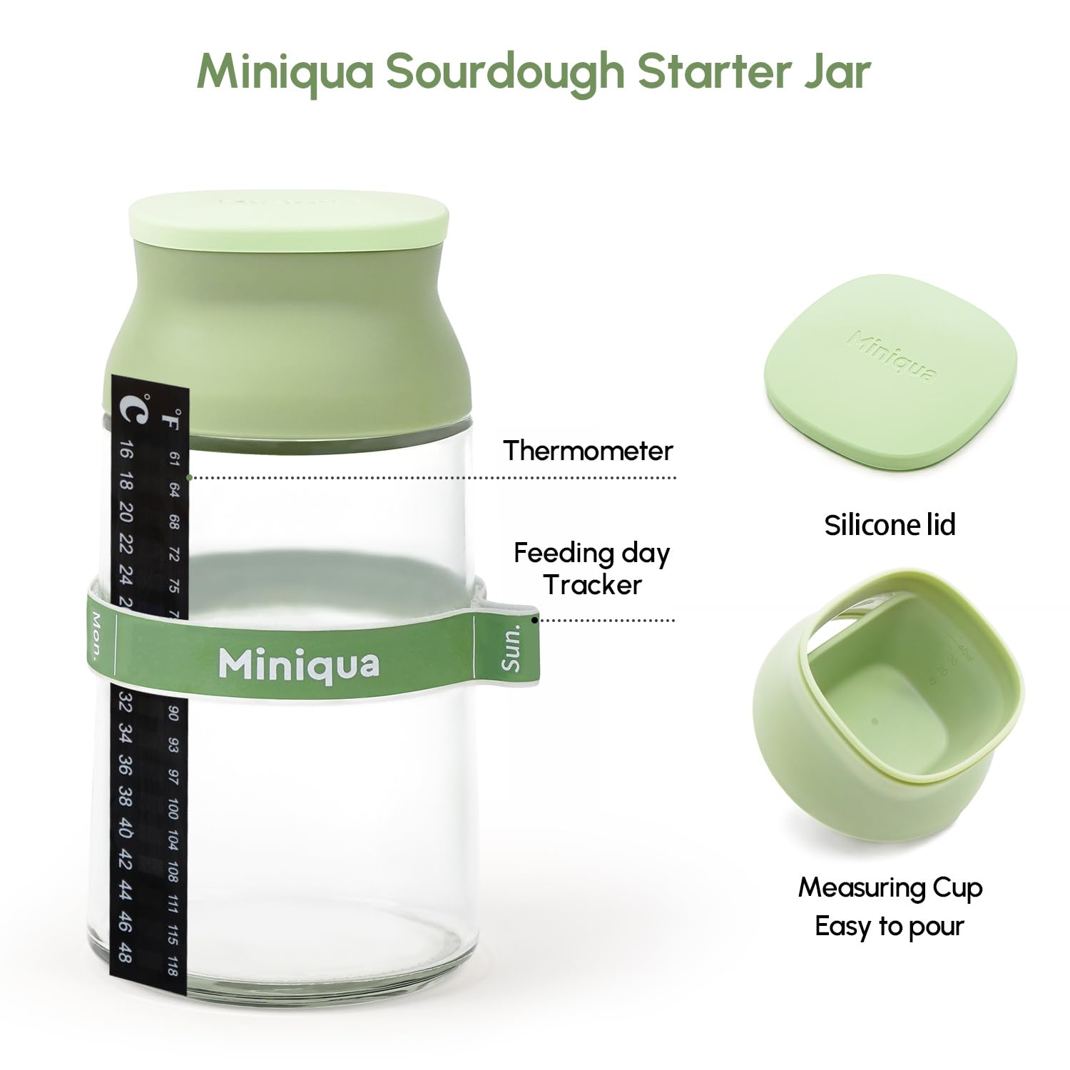 Miniqua Sourdough Starter Jar With Date Marked Feeding Band,Thermometer Strip,Silicone Fermentation Lids,Build-in Measuring Cup,Sourdough Starter Kit for Sourdough Bread Baking(20Oz/560ml)