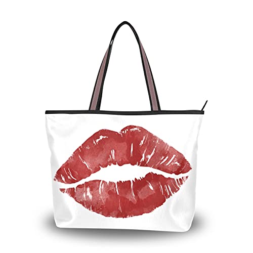 Tote Bag Pinup Style Lip Print, Large Capacity Zipper Women Grocery Bags Purse for Daily Life 2 Sizes