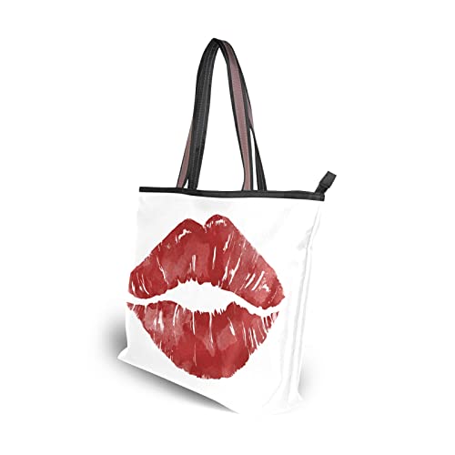 Tote Bag Pinup Style Lip Print, Large Capacity Zipper Women Grocery Bags Purse for Daily Life 2 Sizes