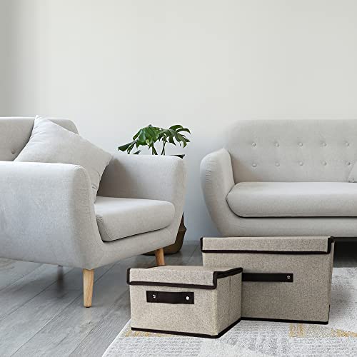 QUMENEY 2 Pack Foldable Storage Boxes With Lid Fabric Organizer Storage Office Box Storage Basket For Home Bedroom Wardrobe Nursery Office (Beige)