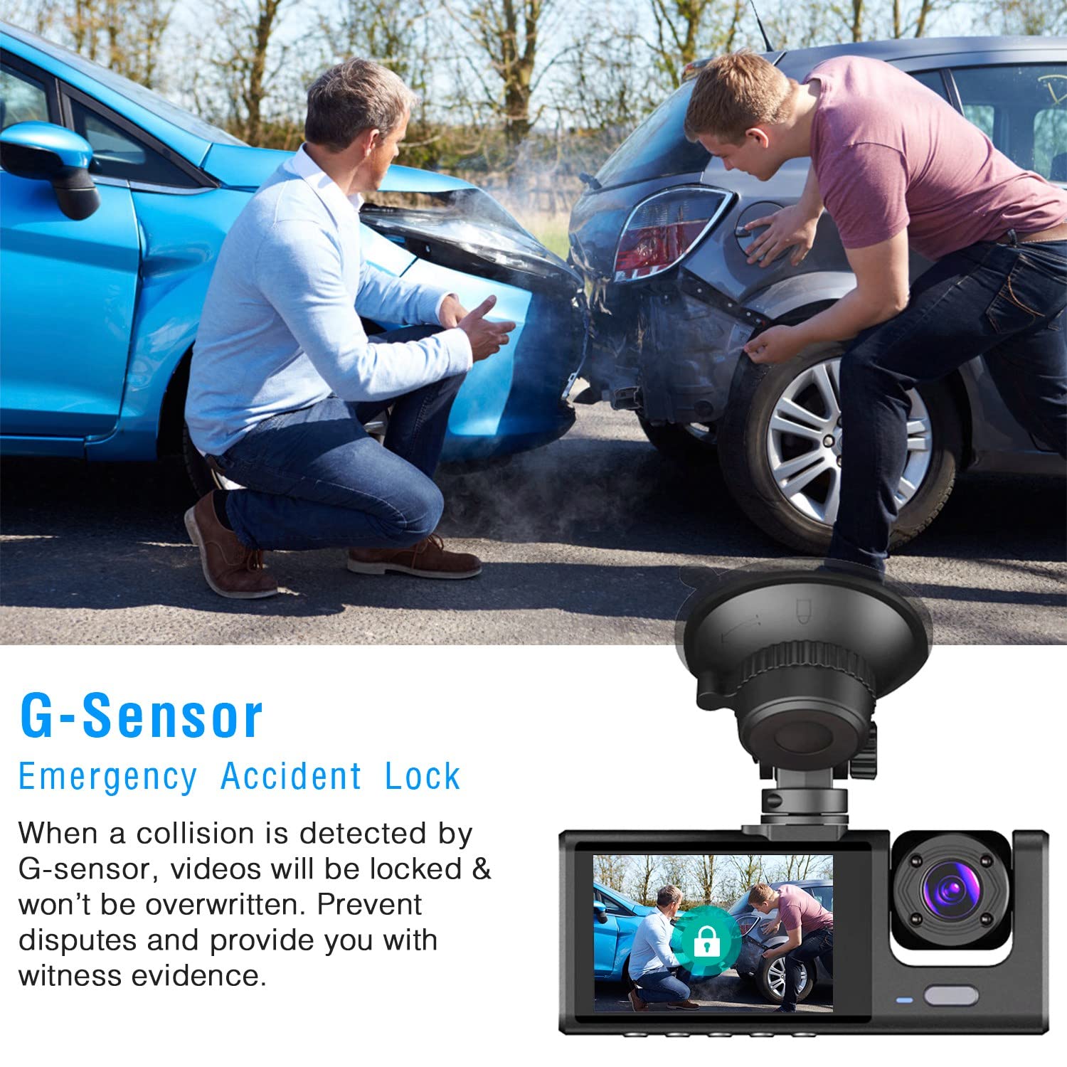 TeqHome 3 Channel Dash Cam Front and Rear Inside, 1080P FHD Dash Camera for Cars, Three Way Triple Dashcam Car Camera Recorder with IR Night Vision, Loop Recording, WDR, 24H Parking Monitor, G-Sensor