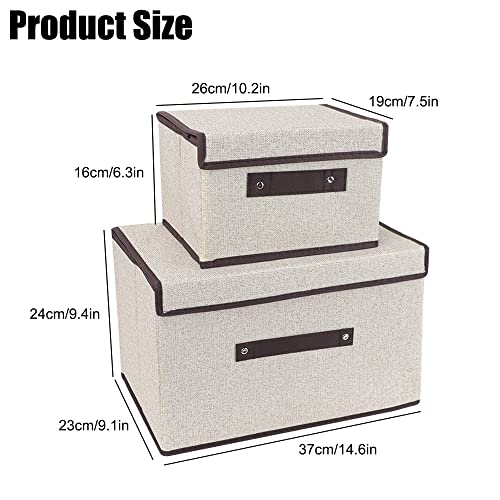 QUMENEY 2 Pack Foldable Storage Boxes With Lid Fabric Organizer Storage Office Box Storage Basket For Home Bedroom Wardrobe Nursery Office (Beige)