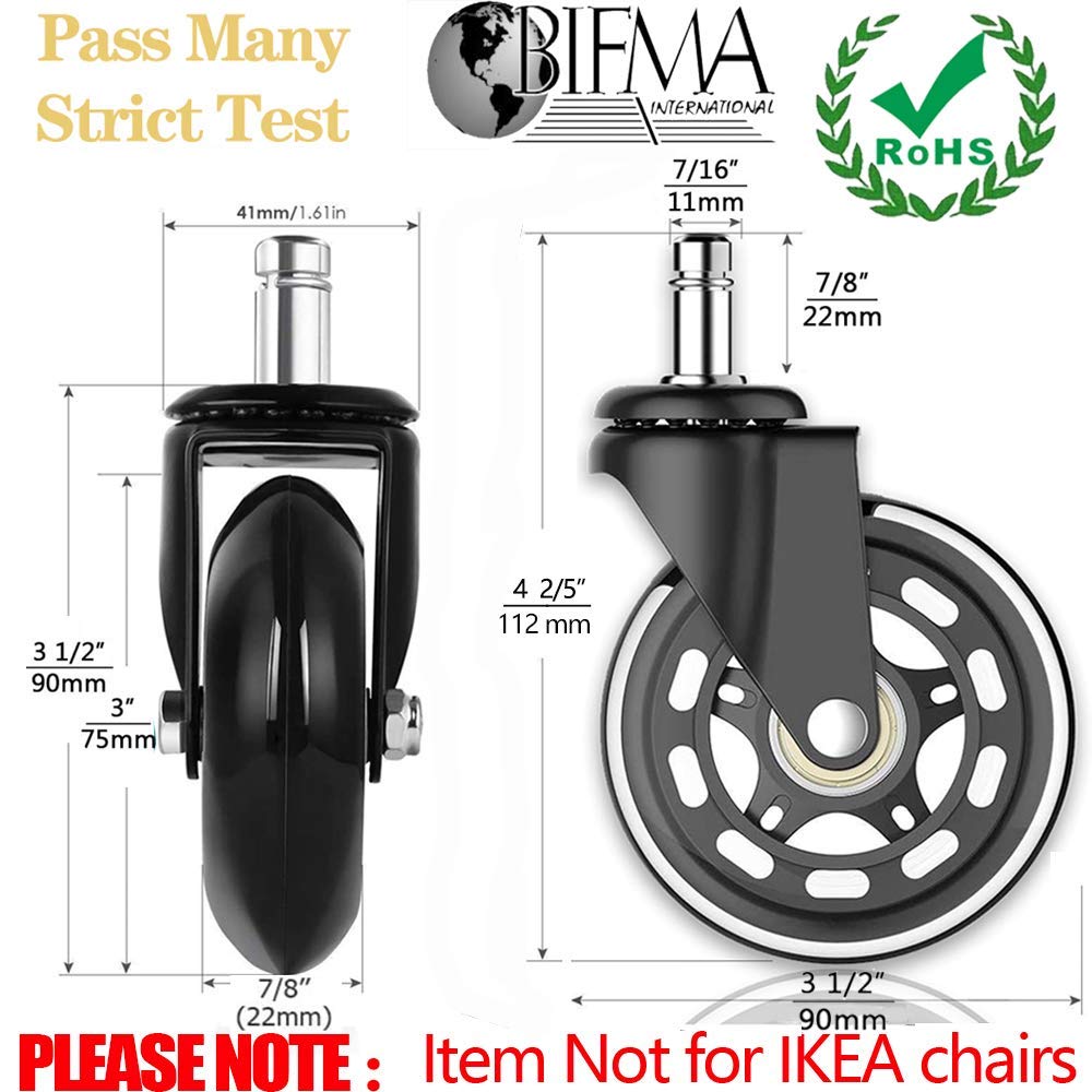 Office Chair Caster Wheels, Rubber Chair Casters Replacement, 3 Inch Heavy-Duty Computer Gaming Desk Caster Wheels Smooth & Safe Rolling for All Floors Including Hardwood and Carpet, Set of 5