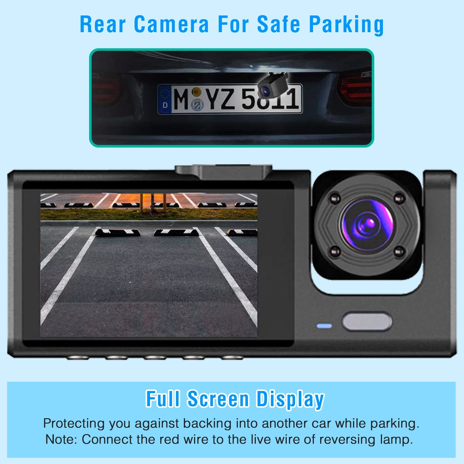 TeqHome 3 Channel Dash Cam Front and Rear Inside, 1080P FHD Dash Camera for Cars, Three Way Triple Dashcam Car Camera Recorder with IR Night Vision, Loop Recording, WDR, 24H Parking Monitor, G-Sensor