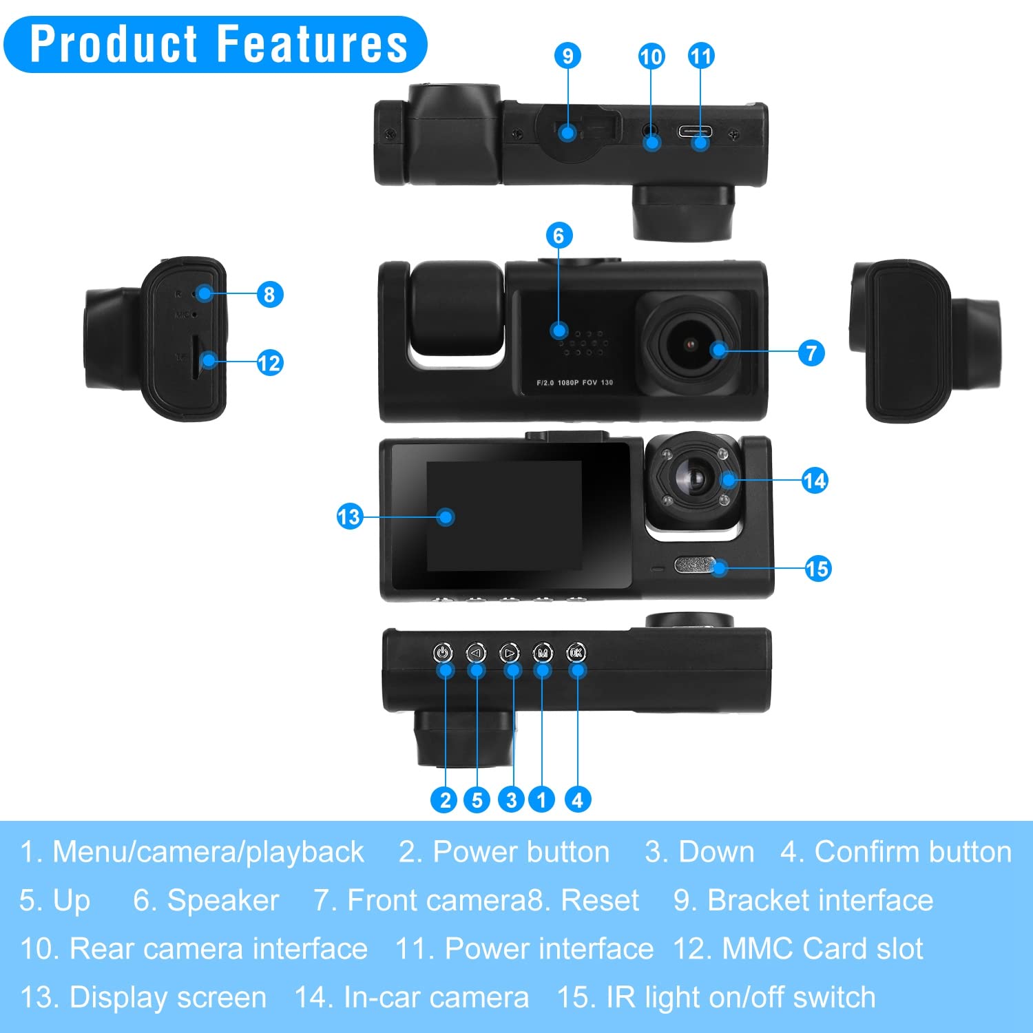 TeqHome 3 Channel Dash Cam Front and Rear Inside, 1080P FHD Dash Camera for Cars, Three Way Triple Dashcam Car Camera Recorder with IR Night Vision, Loop Recording, WDR, 24H Parking Monitor, G-Sensor