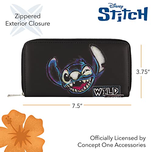 Concept One Disney Lilo and Stitch Wallet with Zipper, Zip Around Wallet Clutch, Black