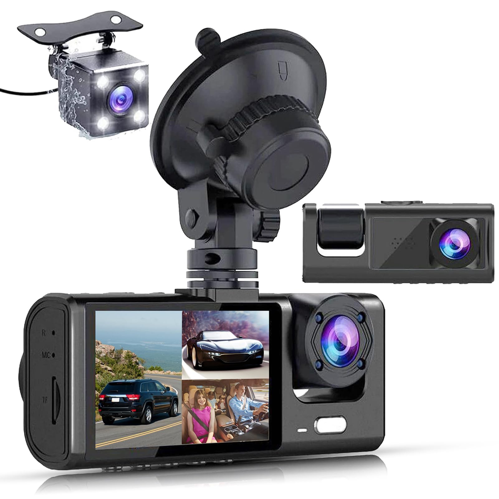 TeqHome 3 Channel Dash Cam Front and Rear Inside, 1080P FHD Dash Camera for Cars, Three Way Triple Dashcam Car Camera Recorder with IR Night Vision, Loop Recording, WDR, 24H Parking Monitor, G-Sensor