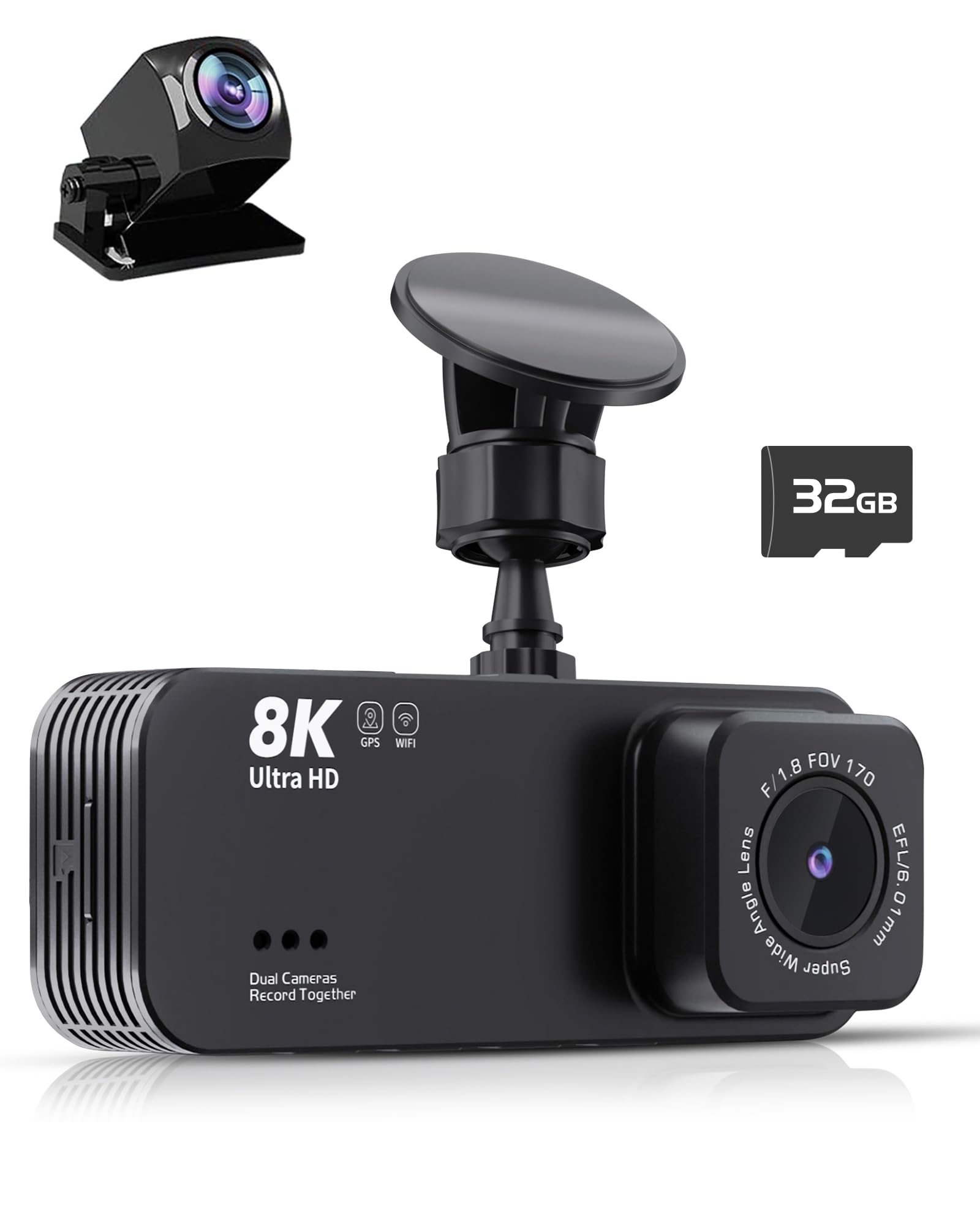 Dash Camera for Cars, 8K Full UHD Dash Cam Front and Rear Inside with App,Car Camera with Free 32GB Card,Built-in Wi-Fi GPS,3.16âIPS Screen,170°Wide Angle,WDR,24H Parking Mode,Night Vision