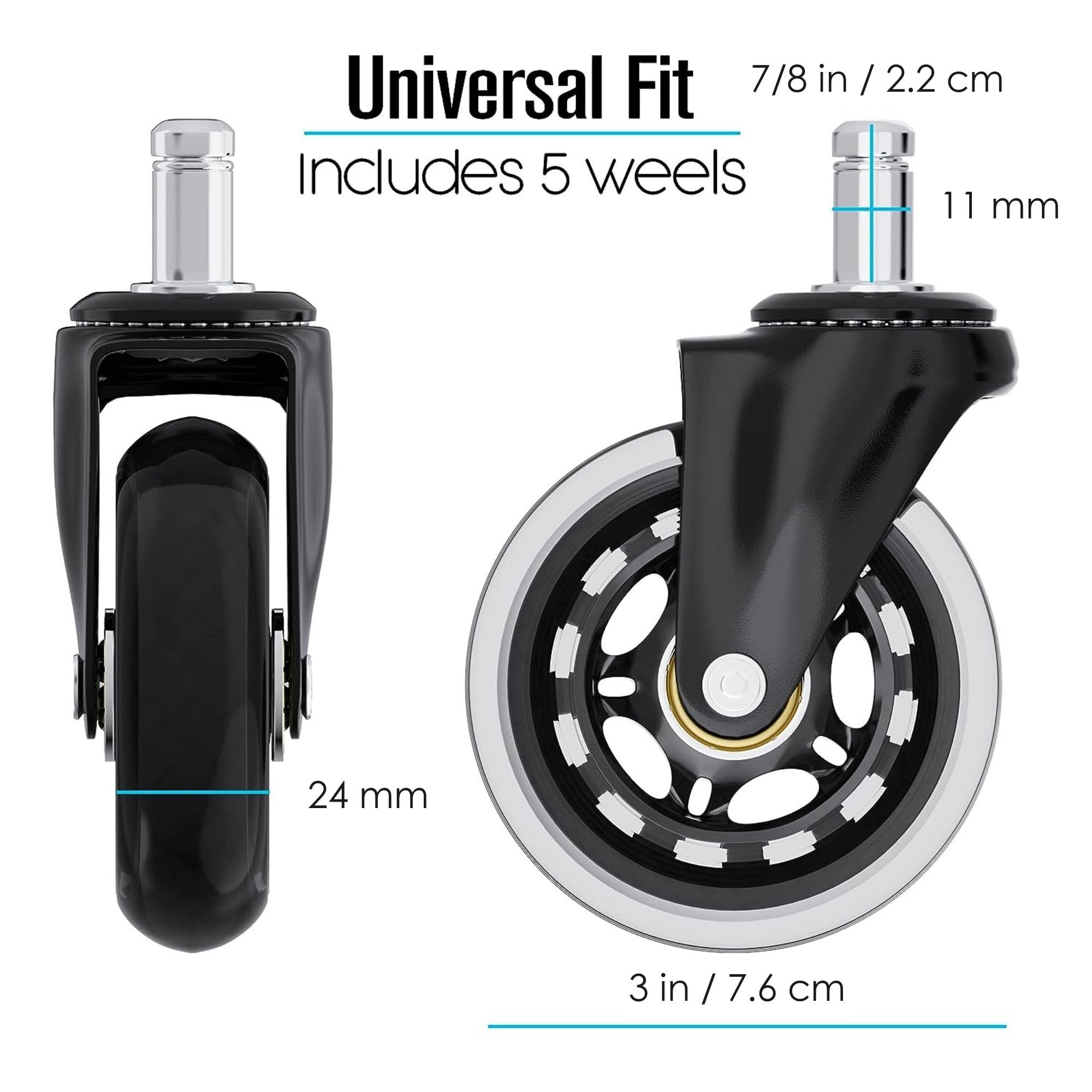 Houseables Office Chair Wheels, Rollerblade Casters, Roller Blade Wheel, 5 Pk, 3”, Rubber, Polyurethane, Rolling Chairs, Furniture Replacement Accessories, for Gaming, Desk, Hardwood Floors, Carpet
