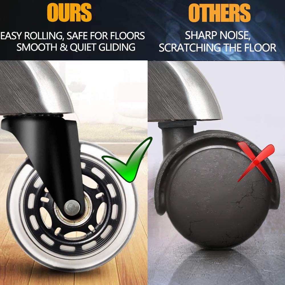 Office Chair Caster Wheels, Rubber Chair Casters Replacement, 3 Inch Heavy-Duty Computer Gaming Desk Caster Wheels Smooth & Safe Rolling for All Floors Including Hardwood and Carpet, Set of 5