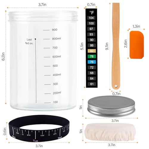 NEOBELLA Sourdough Starter Jar Kit, Sourdough Starter Jar with Thermometer, Scraper, Cloth Cover and Lid. Reusable Sourdough Jar Kit Use for Home Bakery