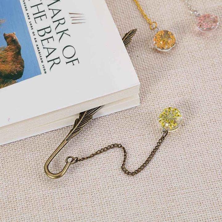 6 Pack Metal Feather Bookmark Charming Beaded Pendant with Dried Flower Specimens Inside Book Marker for Women