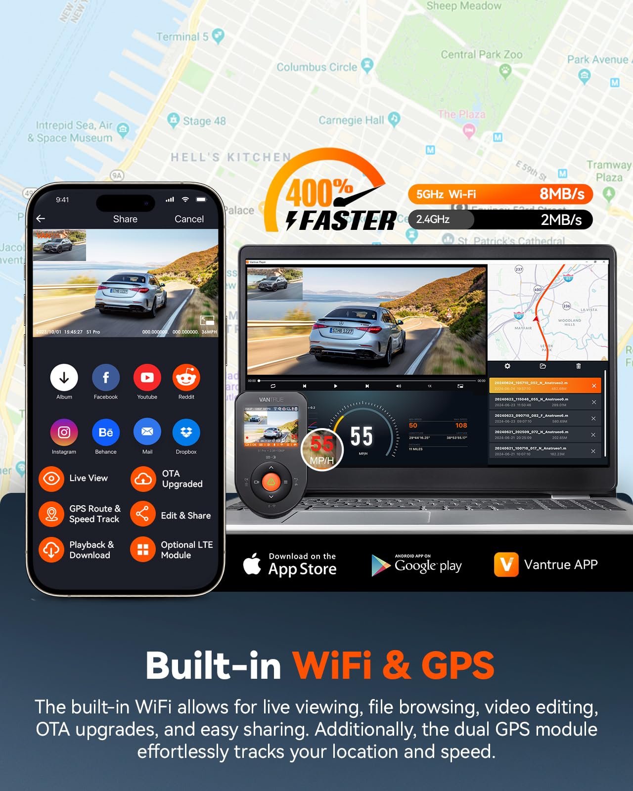 Vantrue S1 Pro 2.7K Dual Dash Cam Front and Rear, 5G WiFi 60FPS Hidden Dash Camera w/HDR Night Vision, STARVIS 2, Optional Remote Live View, GPS, Voice Control, 24/7 Parking Mode, Support 512GB Max