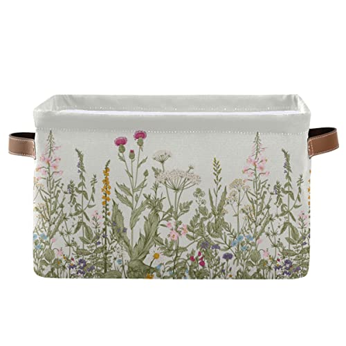 xigua Vintage Colorful Herbs Wild Flowers Floral Storage Basket Collapsible Toy Storage Bins Waterproof Canvas Storage Basket with Leather Handles for Home Closets Offices,Bedrooms,Kids Toy and Gift Baskets,1PCS