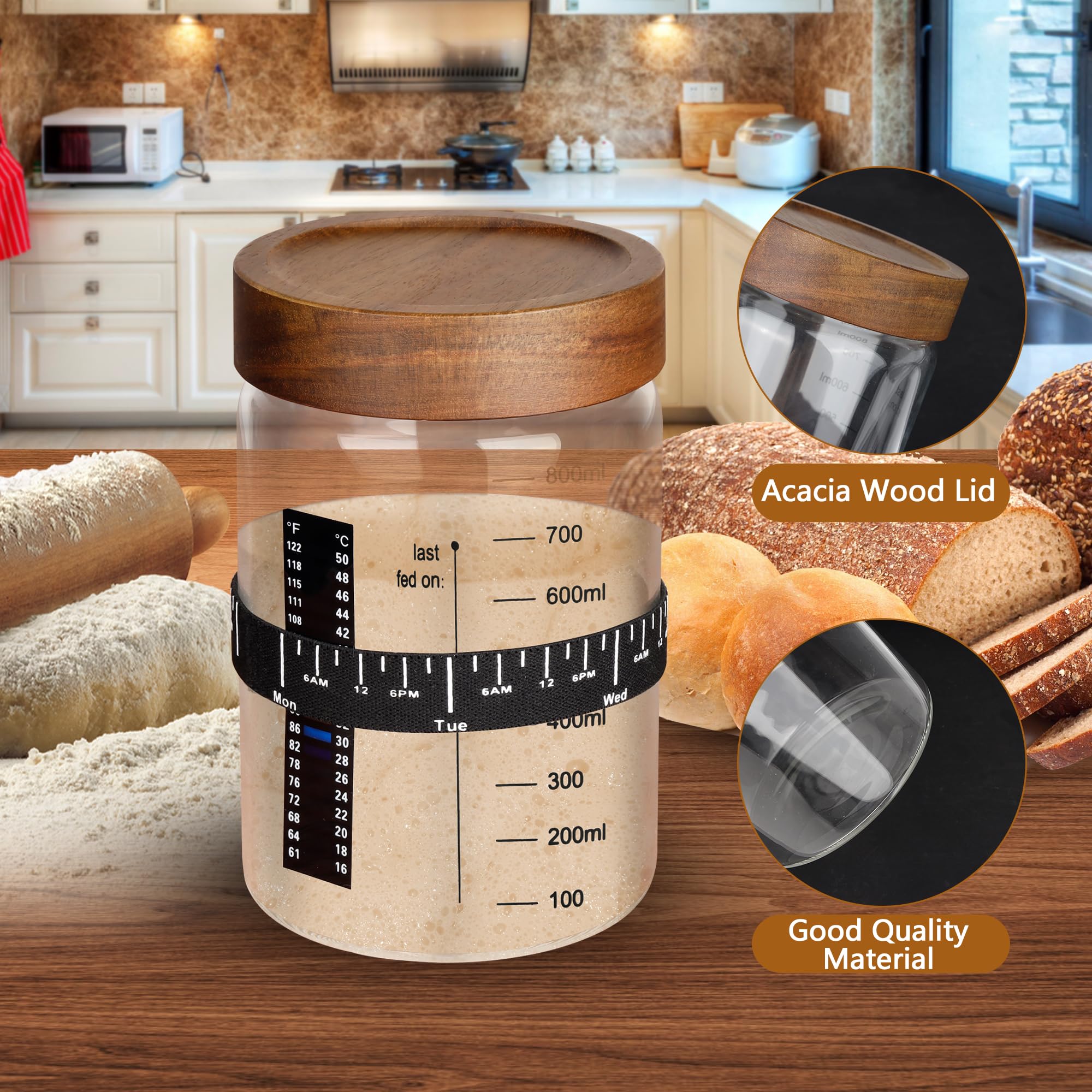 Quald Sourdough Starter Jar Kit, 35 Oz Sourdough Starter Jar With With Date Marked Feeding Band, Thermometer, Cloth Cover and Wood Lid.