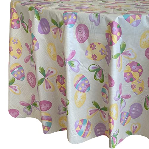 Newbridge Easter Egg Toss Vinyl Flannel Backed Tablecloth, Pastel Decorated Easter Egg and Butterfly Vinyl Tablecloth with Flannel Backing, 60β x 84β Oval