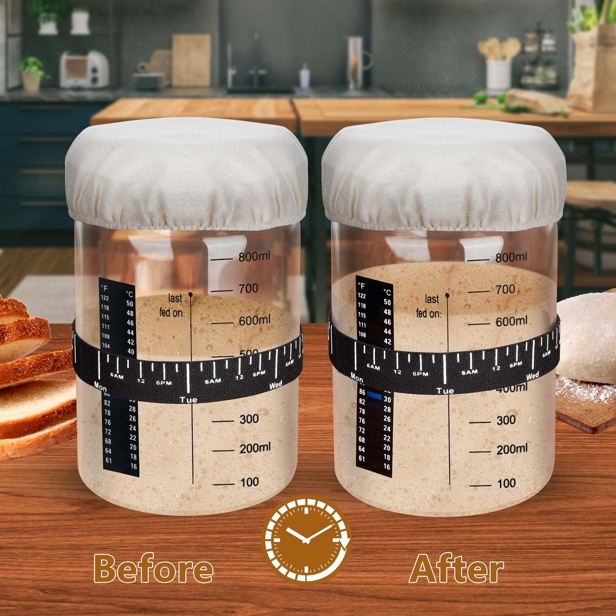 Quald Sourdough Starter Jar Kit, 35 Oz Sourdough Starter Jar With With Date Marked Feeding Band, Thermometer, Cloth Cover and Wood Lid.
