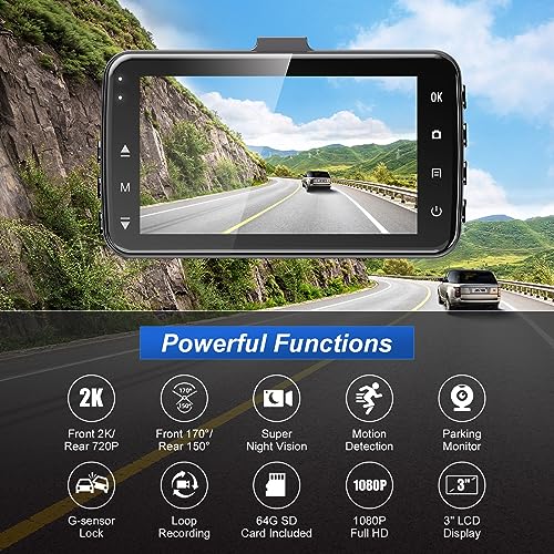 Dash Cam Front and Rear, 2K+720P Dual Dash Camera for Cars with 3'' IPS Screen, Car Camera with Night Vision, Built-in WiFi, Metal Body, G-Sensor, 24H Parking Monitor, Loop Recording, Free 64GB Card