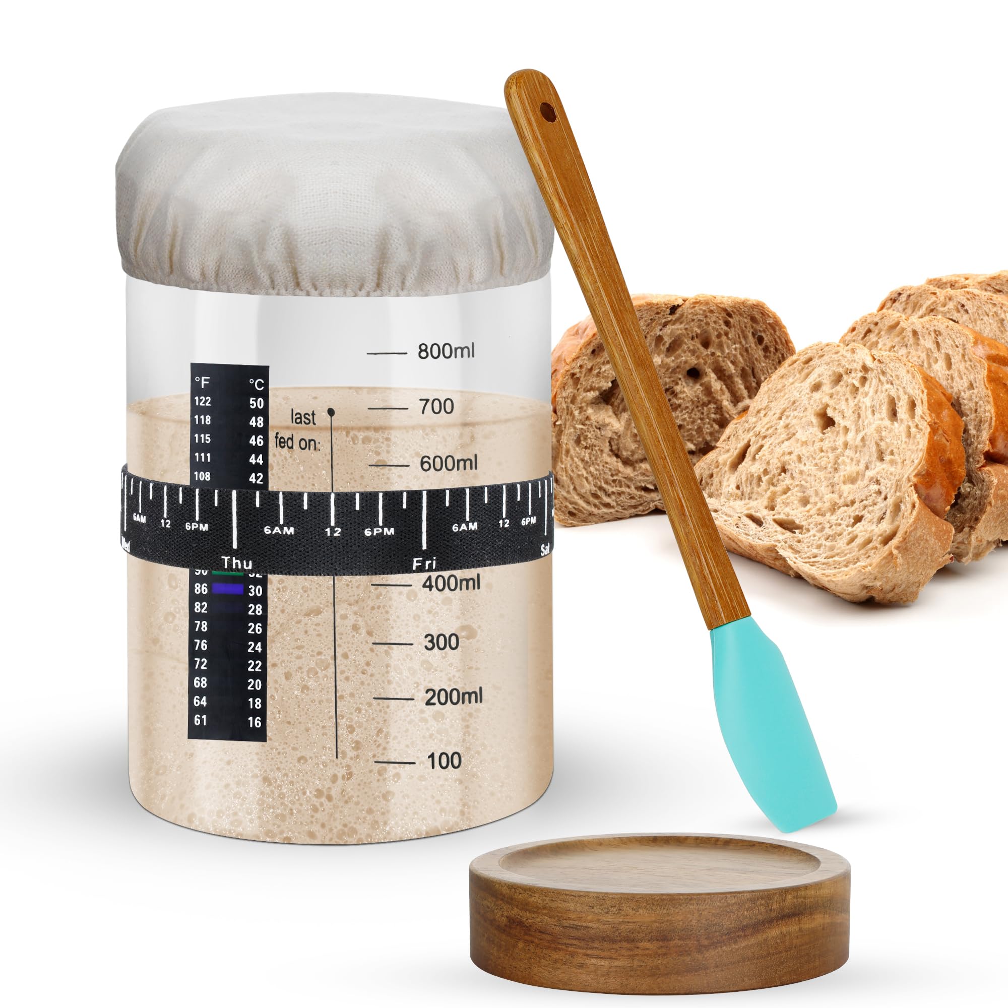 Quald Sourdough Starter Jar Kit, 35 Oz Sourdough Starter Jar With With Date Marked Feeding Band, Thermometer, Cloth Cover and Wood Lid.