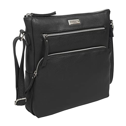 ASSOTS Genuine Leather Crossbody Bag for Women – Triple Zip Crossover Purse Travel Bag Fits iPad Pro 11” (AGATHA - Black Pebble Grain)