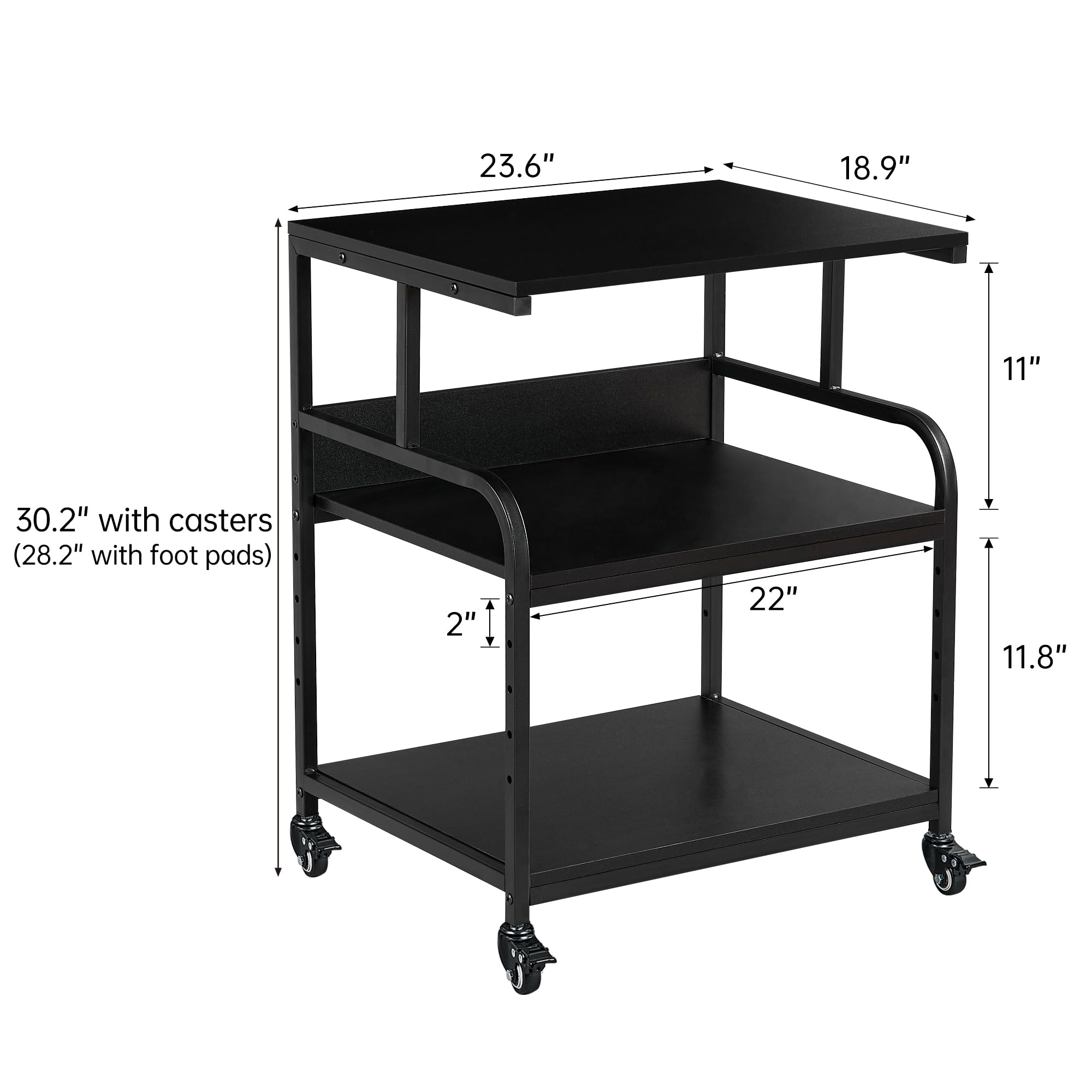 Fannova Printer Stand, 23.6 x18.9 x 29.5 Inches Large Printer Table with Adjustable Storage Shelf, 3 Tier Rolling Printer Cart with Wheels for Home Office, Stand for Heat Press Mini Fridge, Black