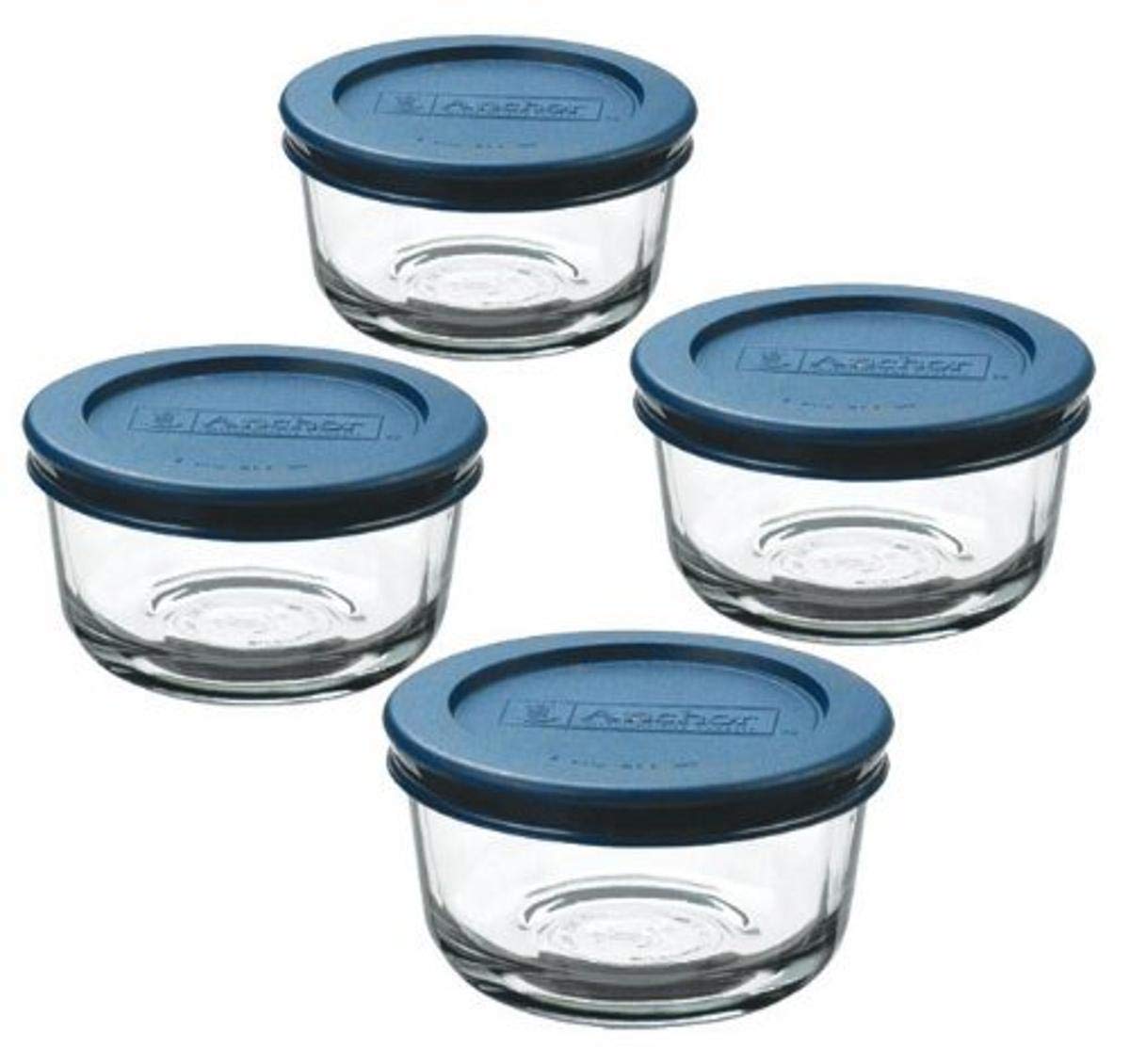 Anchor Hocking 1-Cup Round, Glass Food Storage Containers with Plastic Lids, Blue, Set of 4